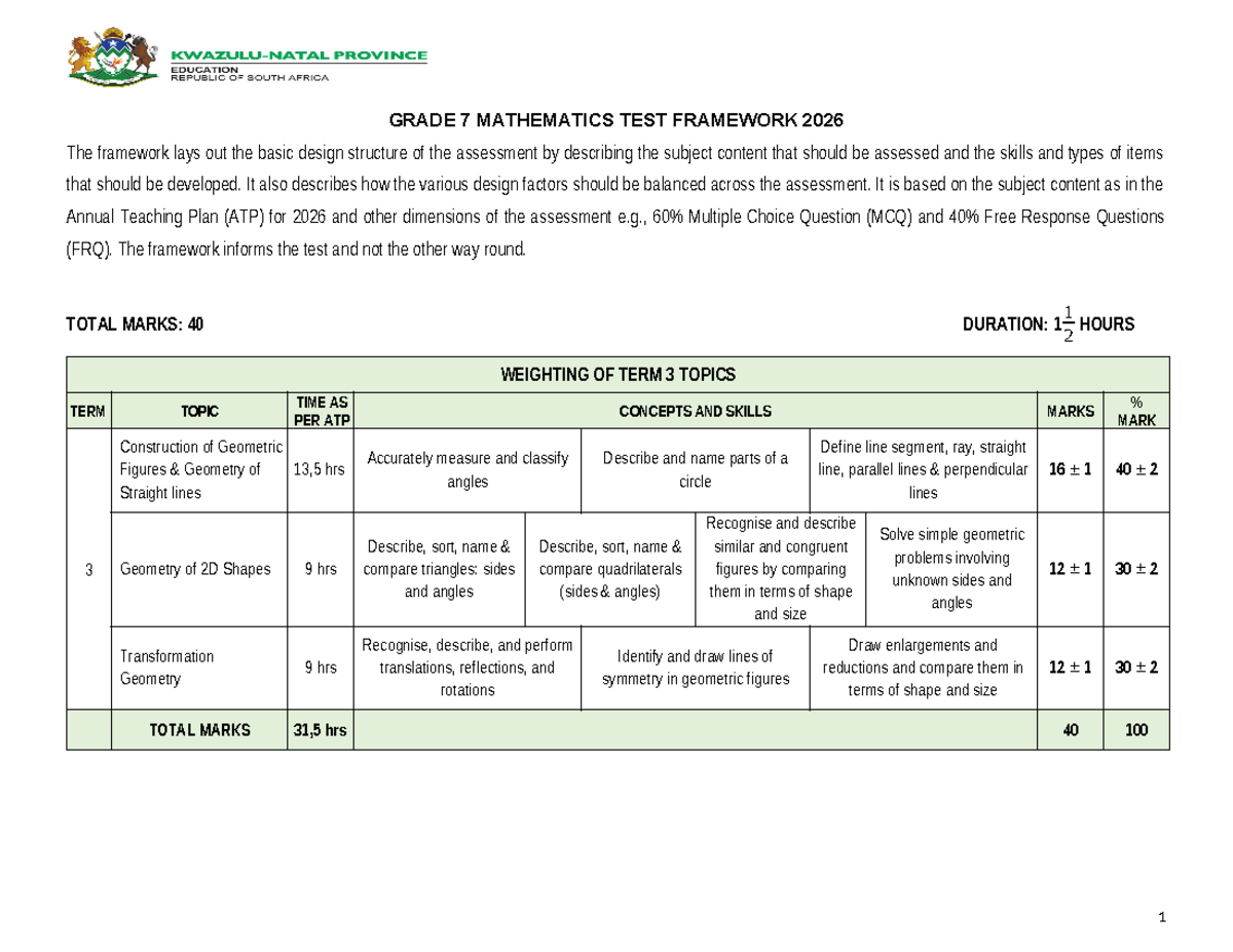 2026 GRADE 7 TERM 3 MATH TEST FRAMEWORK & ASSESSMENT DETAILS - Studocu