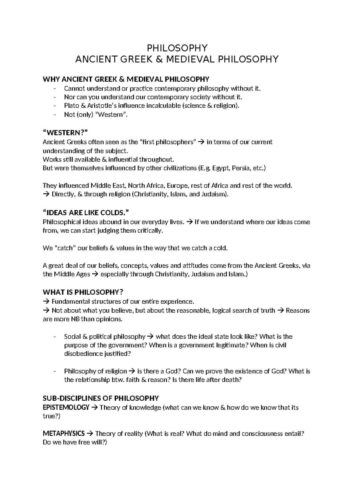 PHIL 101: Ancient Greek & Medieval Philosophy Overview - Studocu