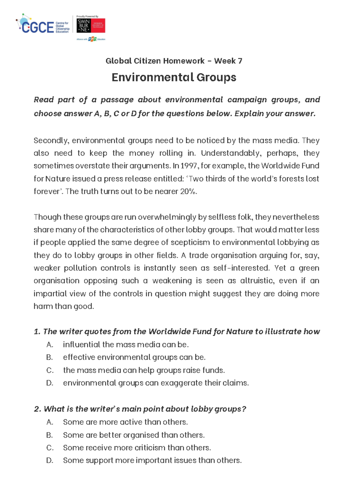 GC Homework - Week 7 - Environmental Groups and Media Influence - Studocu