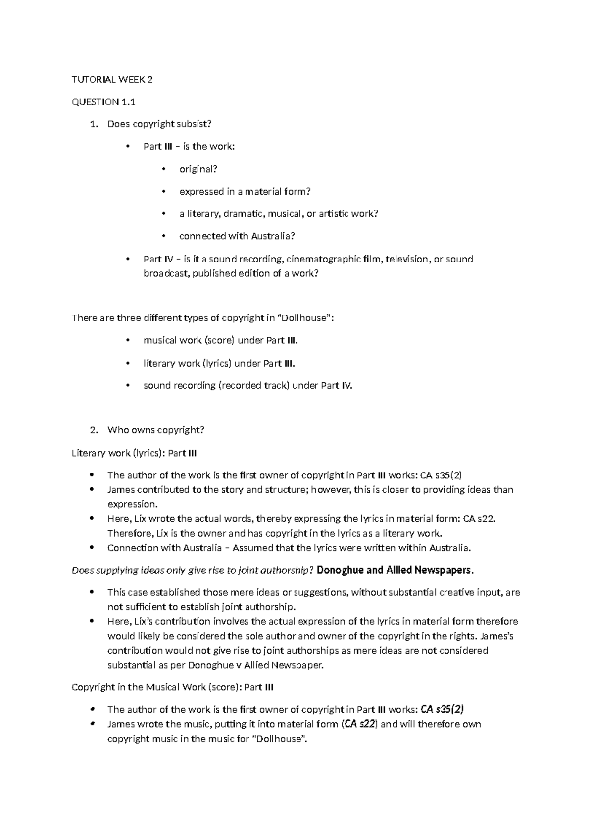 Tutorial WEEK 2 - Copyright Ownership and Subsistence Analysis - Studocu