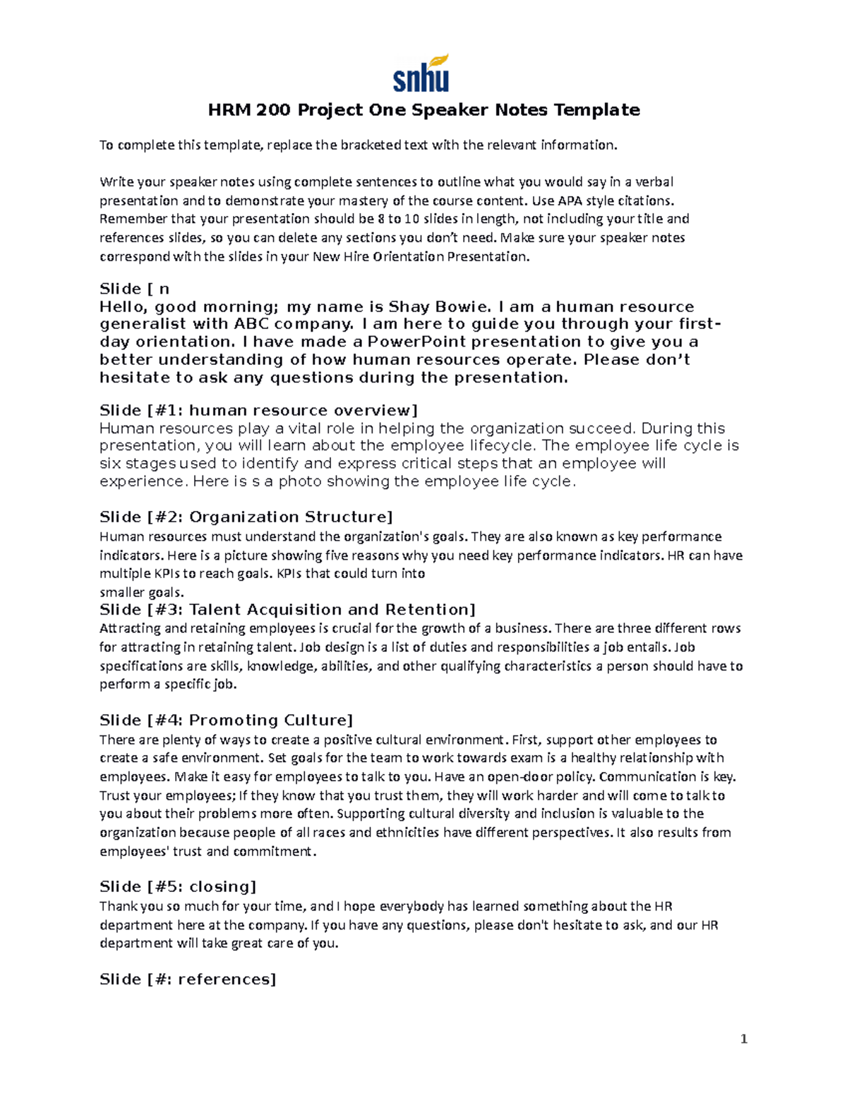 HRM 200 Project One: Speaker Notes Template for Presentations - Studocu