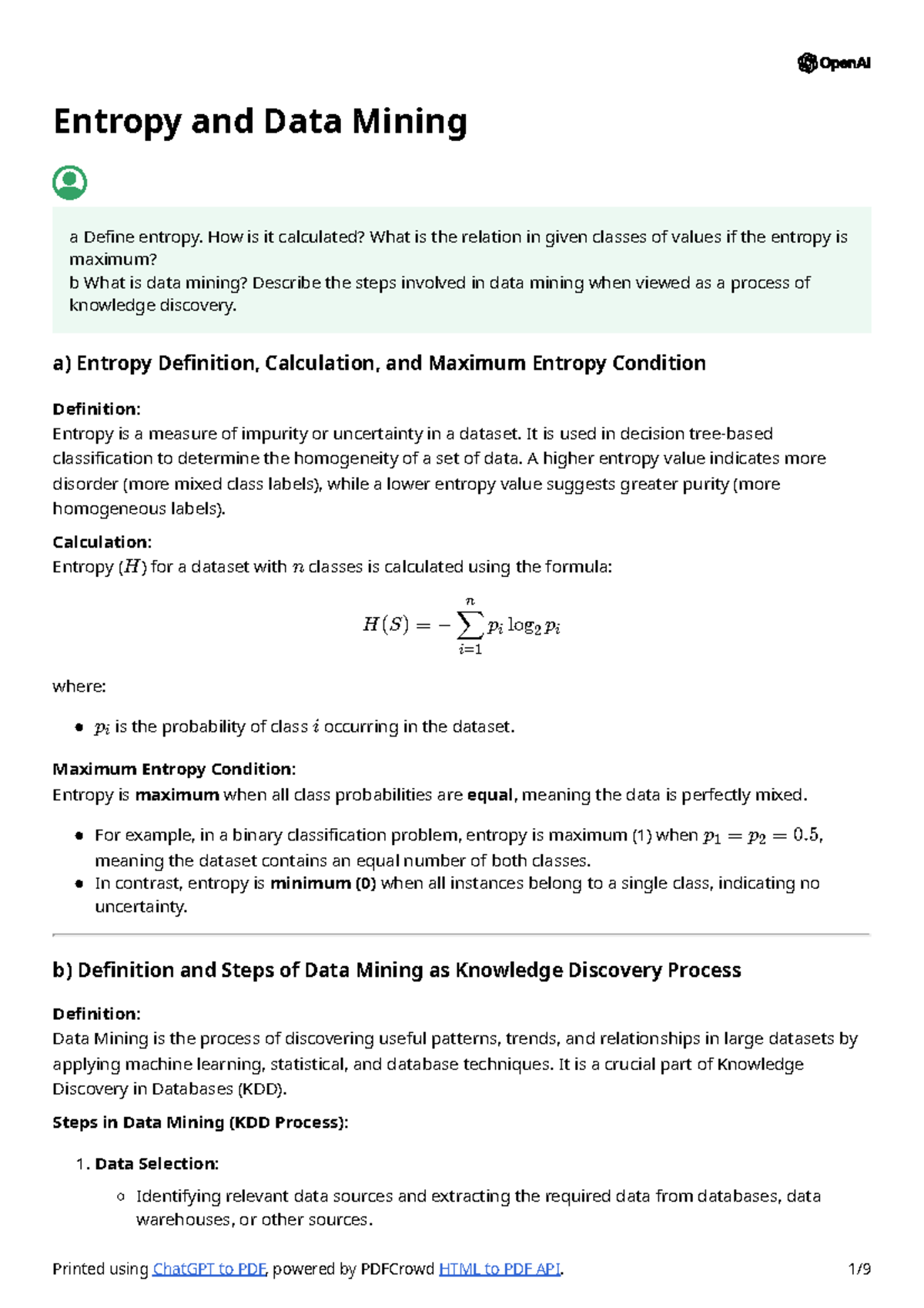 Entropy and Data Mining: Definitions, Calculations, and Processes ...