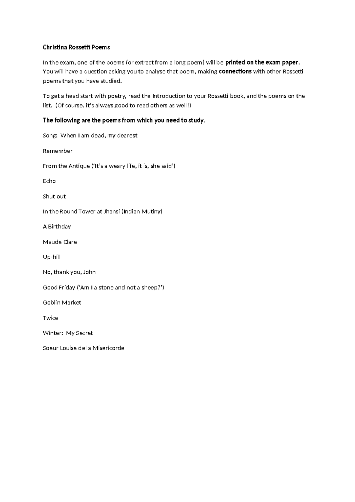 Christina Rossetti Poems: Exam Analysis & Study Guide - Studocu