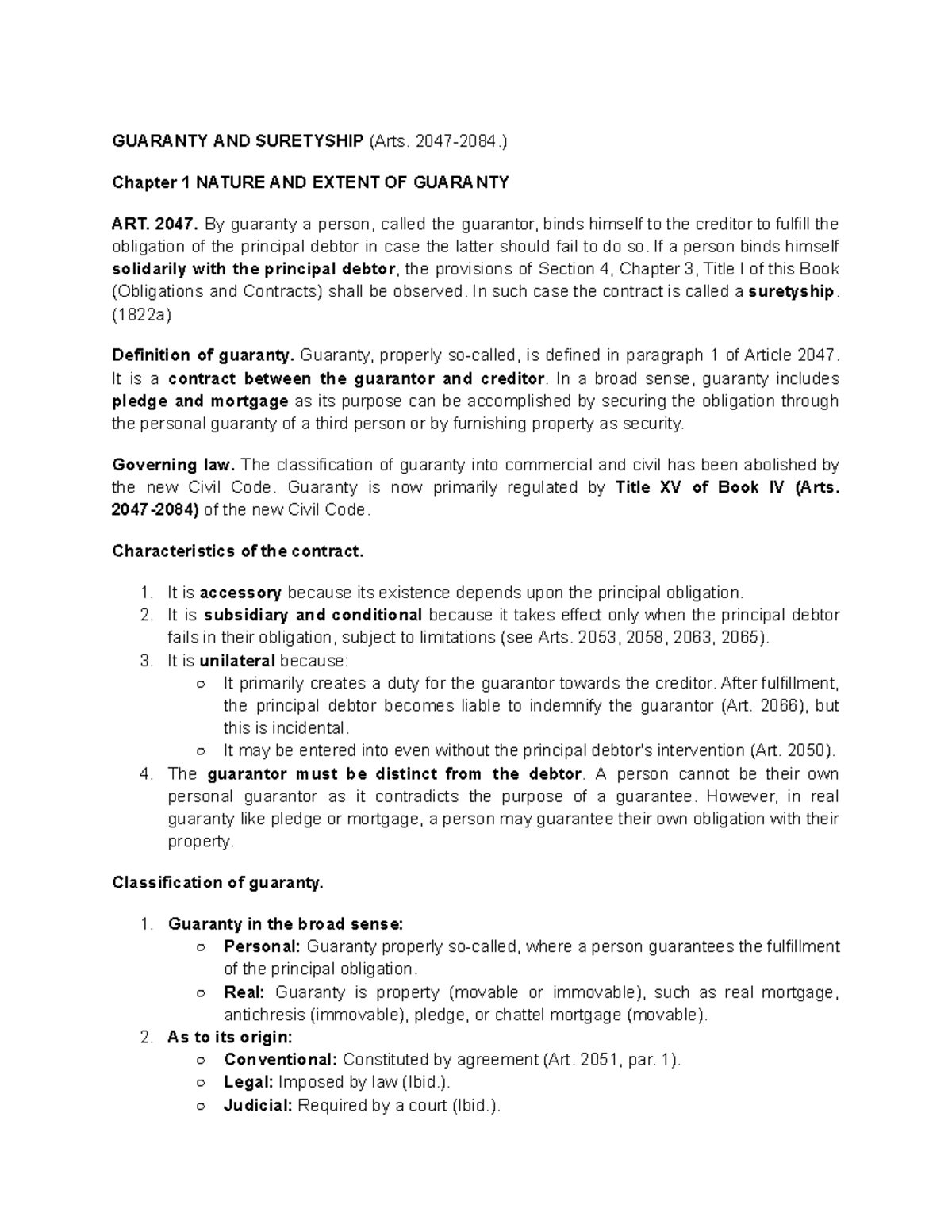 Finals - Commercial LAW: Guaranty and Suretyship Overview (Arts. 2047 ...
