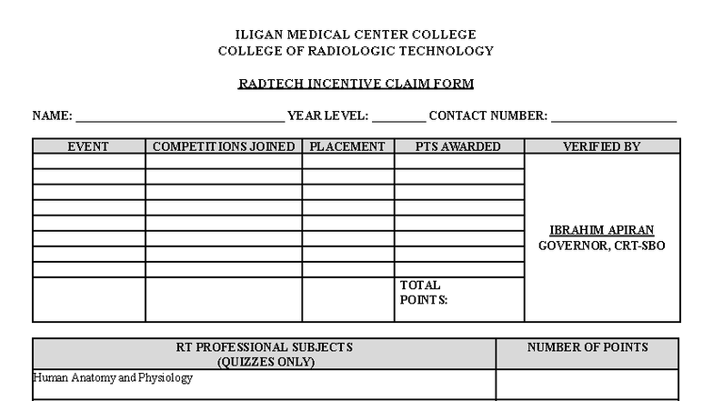 Radtech Incentive Claim FORM - ILIGAN MEDICAL CENTER COLLEGE COLLEGE OF ...