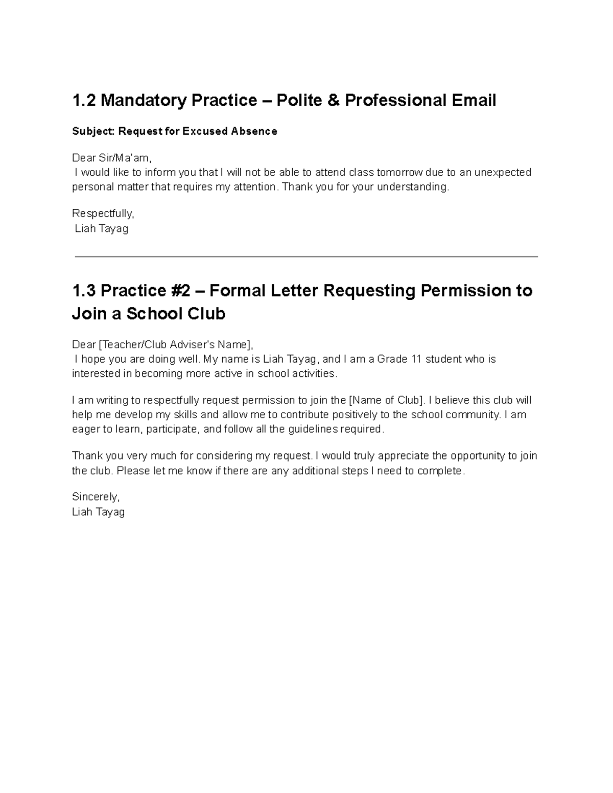 1.2 & 1.3 Practice Polite Emails & Formal Letters for Section 1 Lecture ...