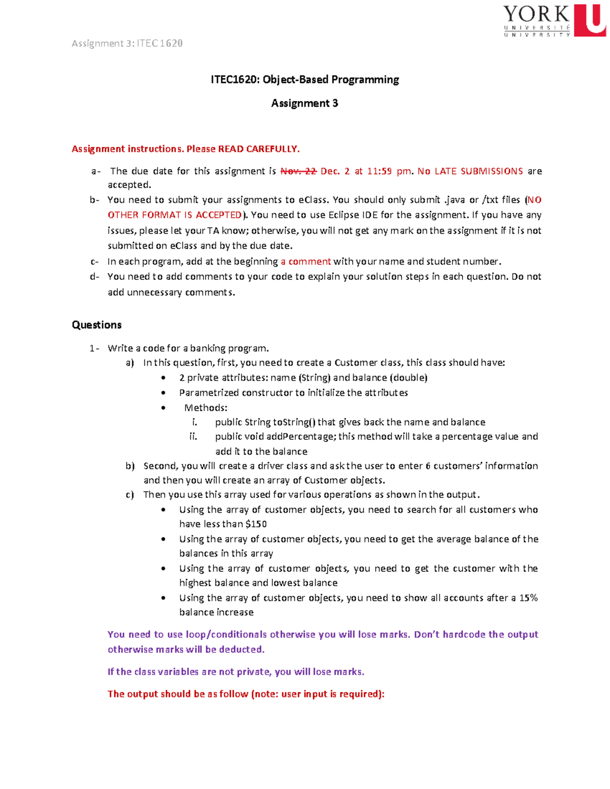 Assignment 3-ITEC1620 1 - ITEC1620: Object-Based Programming Assignment ...