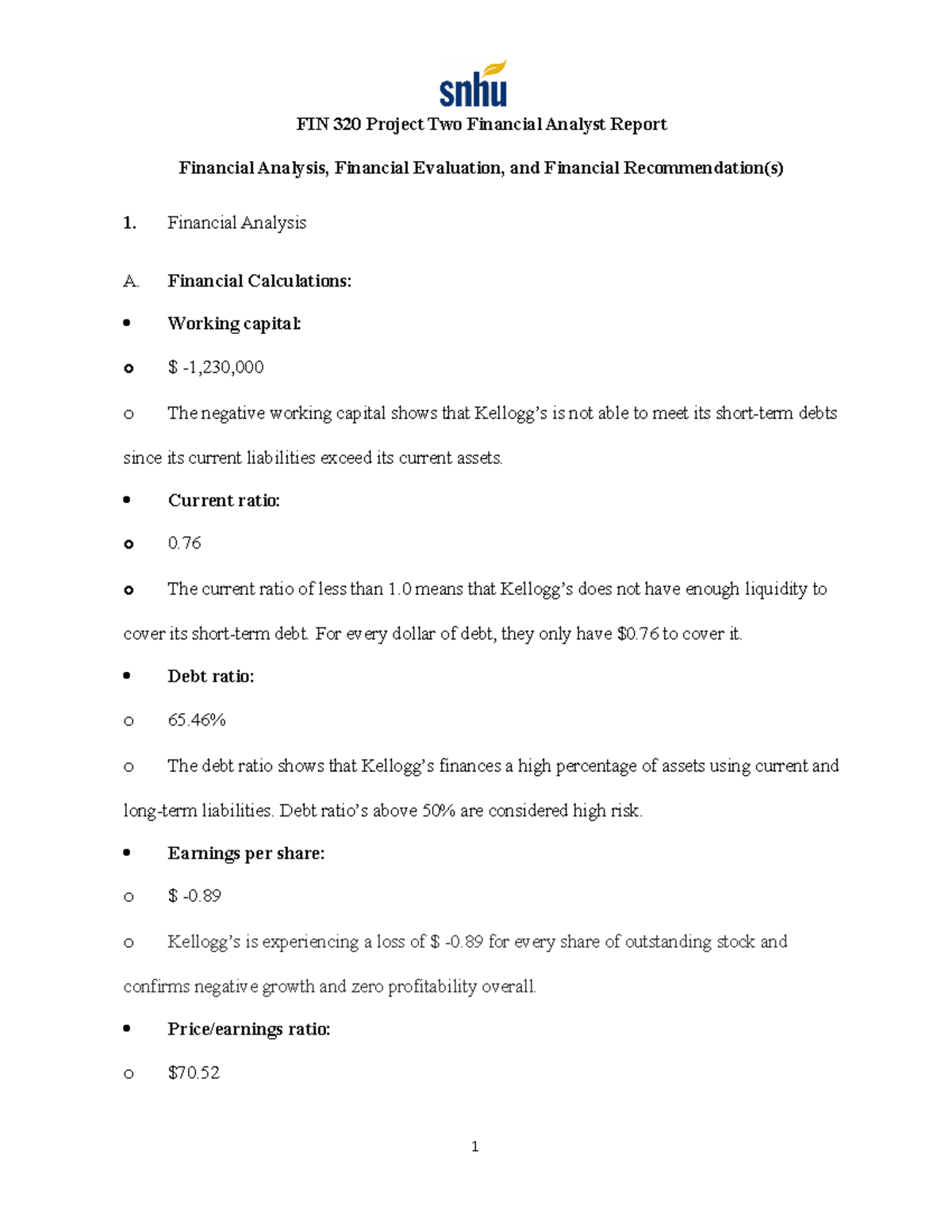 FIN 320 Project Two - Comprehensive Financial Analyst Report - Studocu