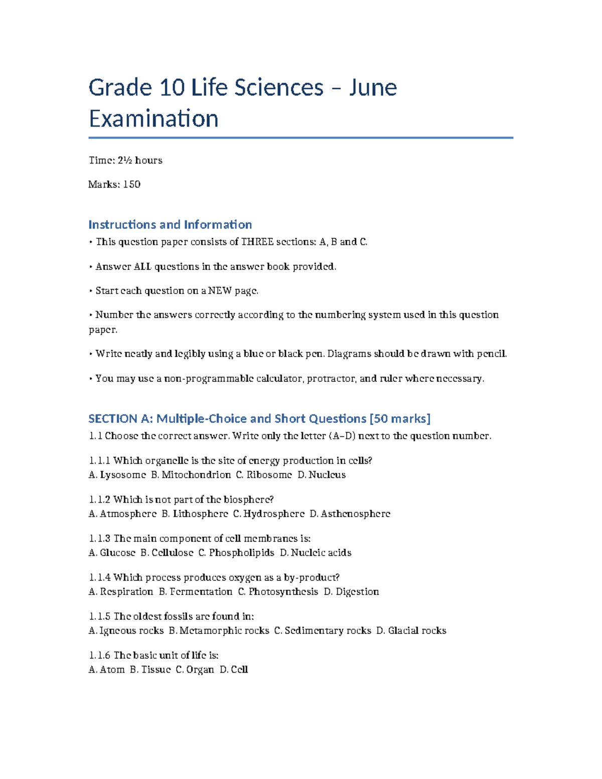 Grade 10 Life Sciences June Exam Paper - 2½ Hours, 150 Marks - Studocu