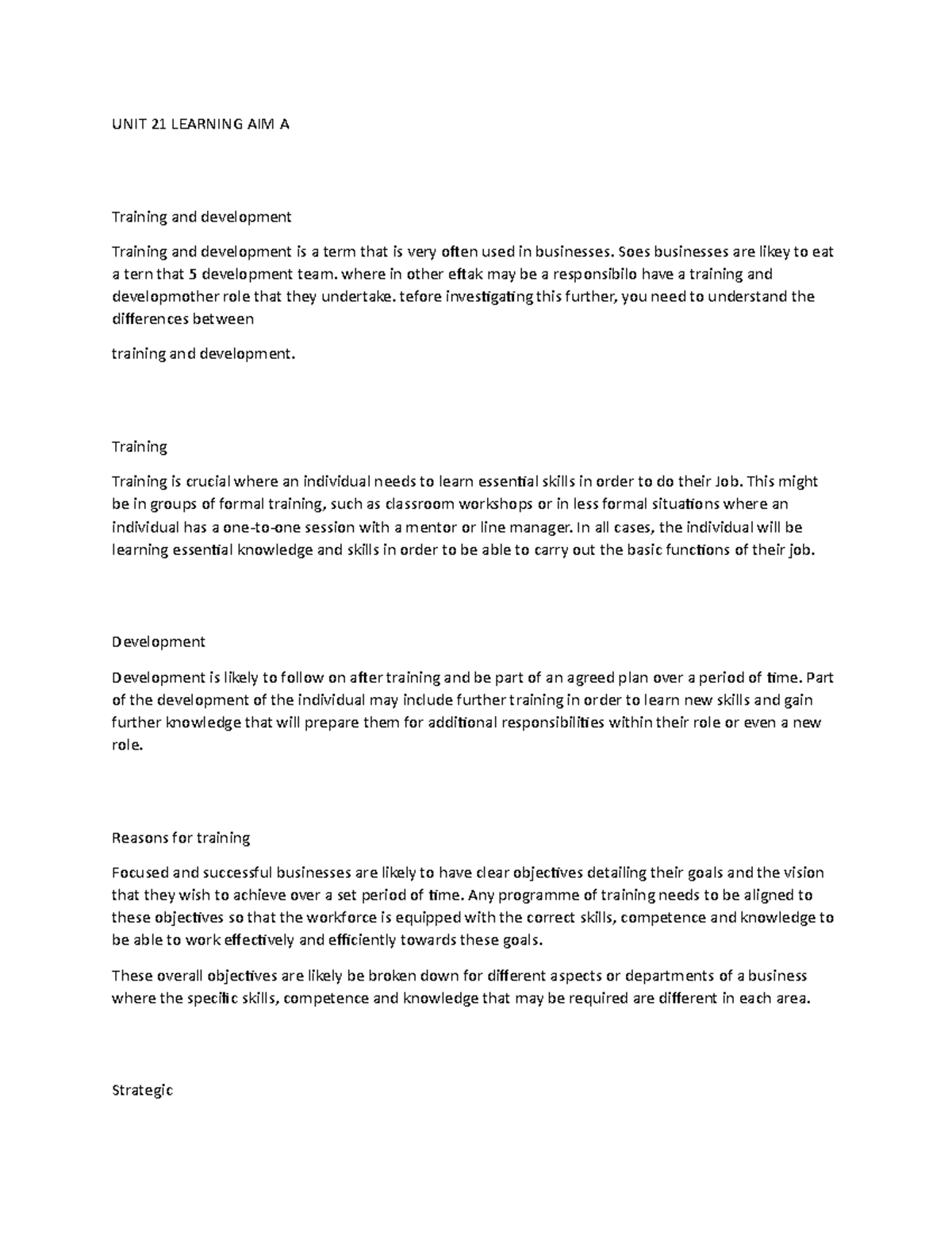 BTEC Nat. Bus. Unit 21: Training & Development - Learning Aim A - Studocu