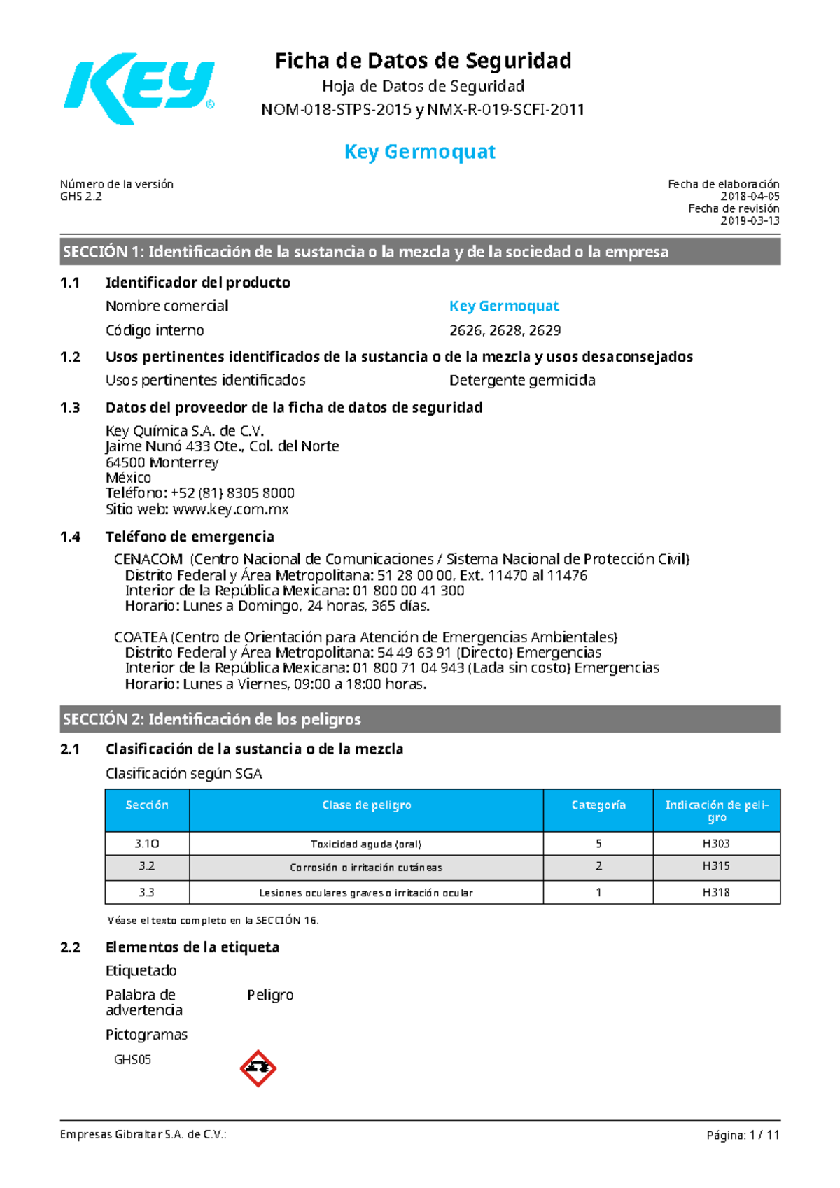 2008 9954 - Ficha Técnica de Seguridad del Detergente Key Germoquat ...