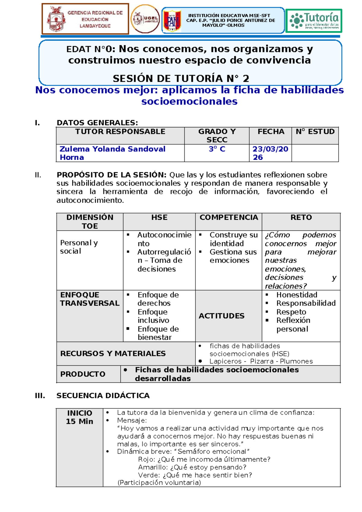 Sesión de Tutoría 2: Habilidades Socioemocionales en la IE Ponce ...