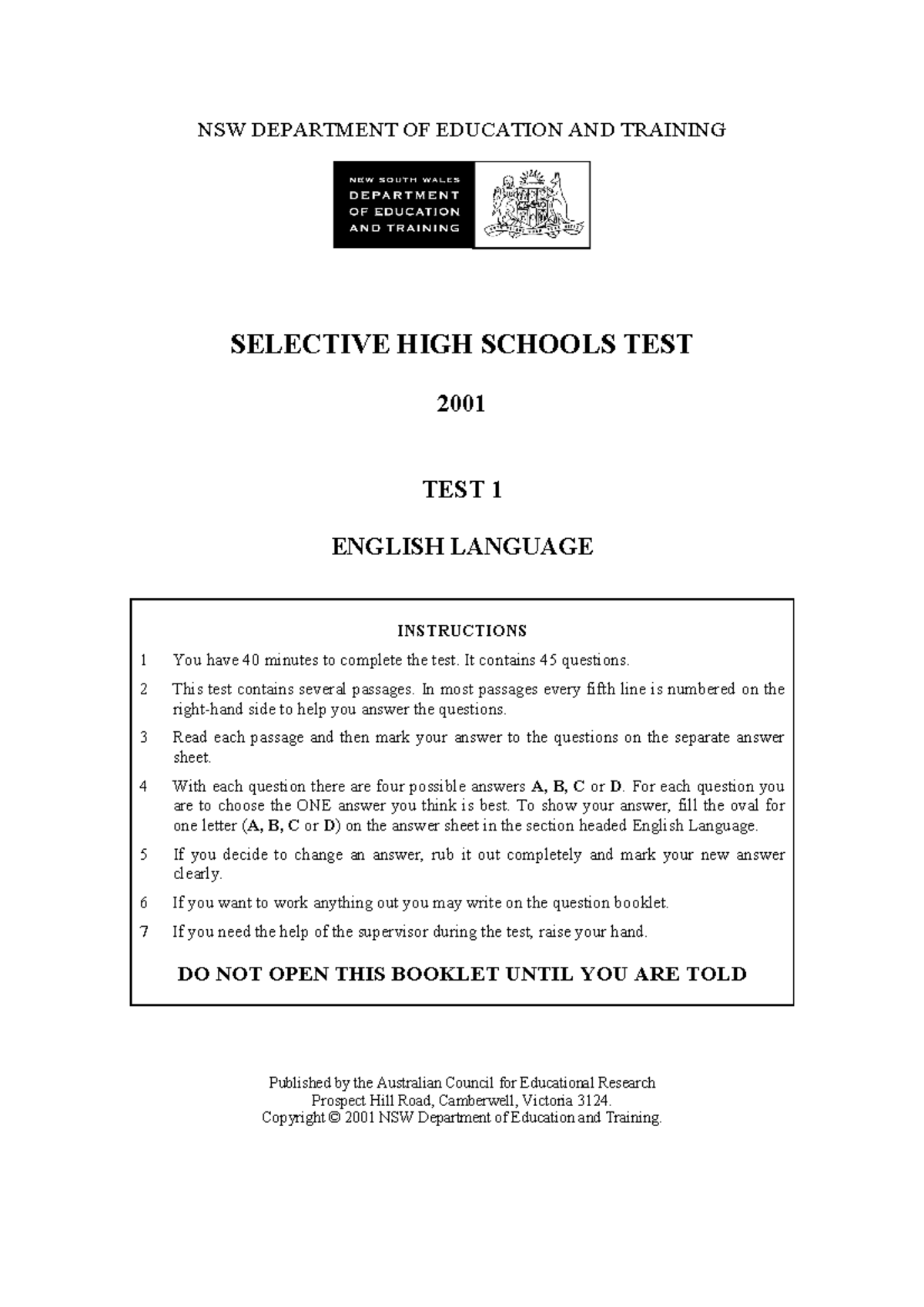 Selective High Schools Test - Reading Practice 2001 (English) - Studocu