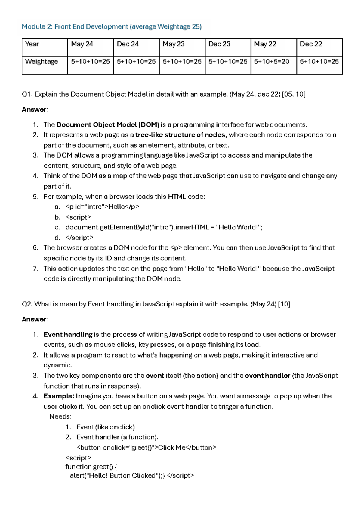 Module 2: Front End Dev - JavaScript Concepts & Examples - Studocu