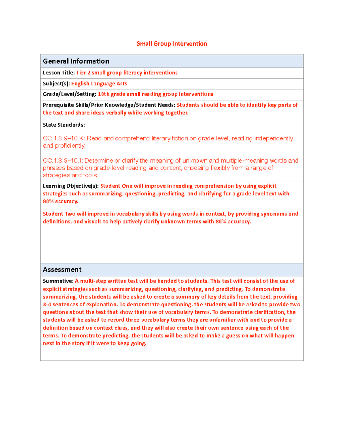 D769 - Tier 2 Small Group Literacy Interventions Lesson Plan - Studocu