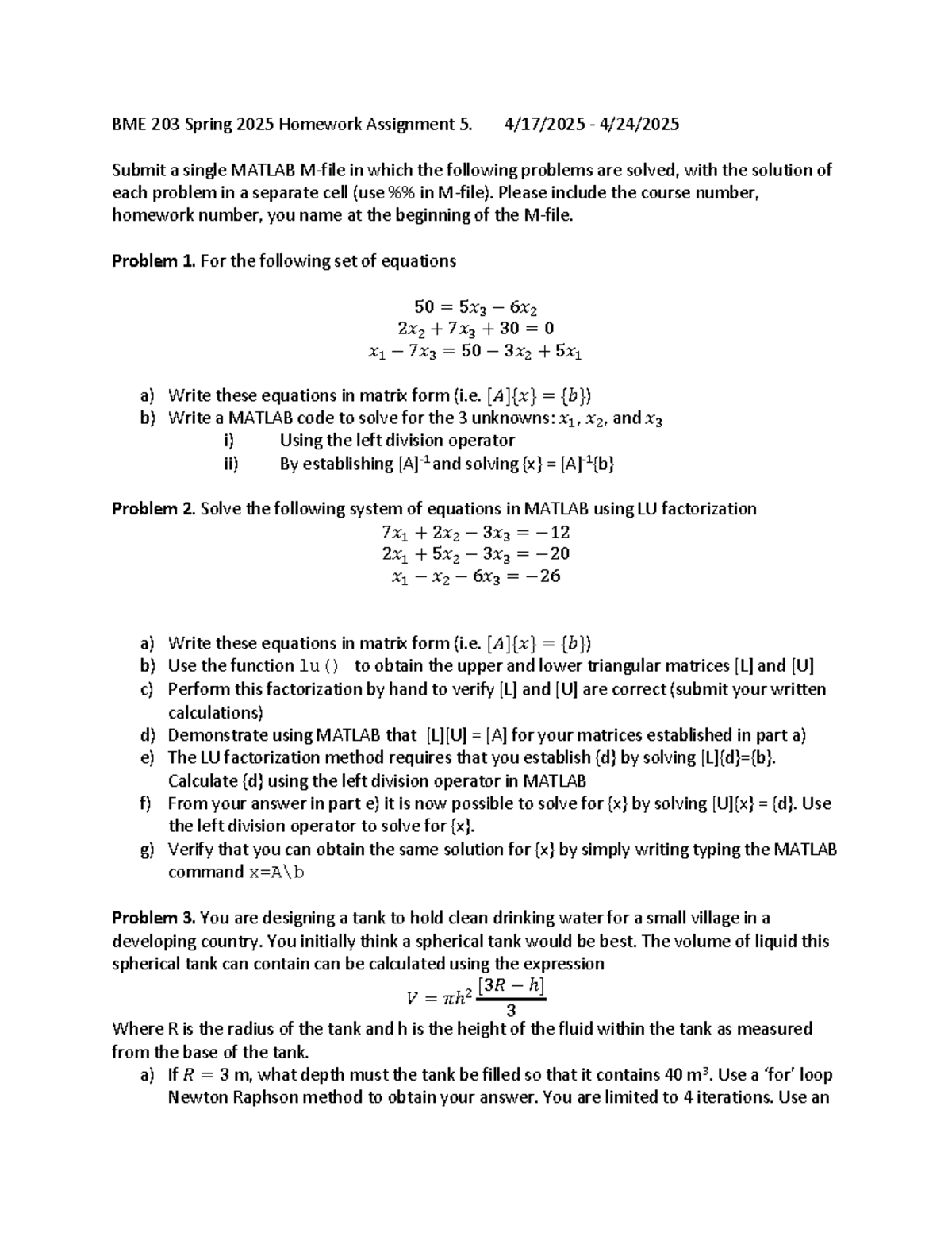 BME 203 Spring 2025 MATLAB Homework Assignment 5 Solutions - Studocu