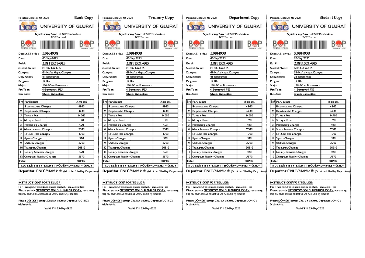 BOP Fee Deposit Slip - Student Copy for Economics F25 - Studocu