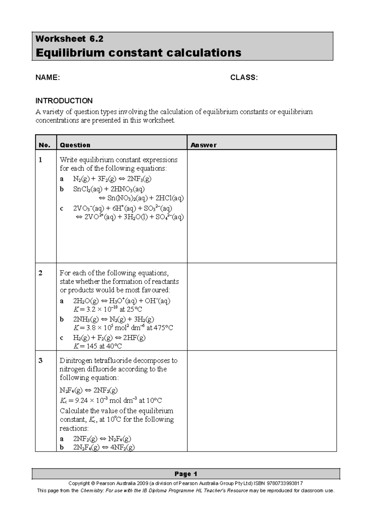 Equilibrium Constant Calculations Worksheet 6.2 - Studocu