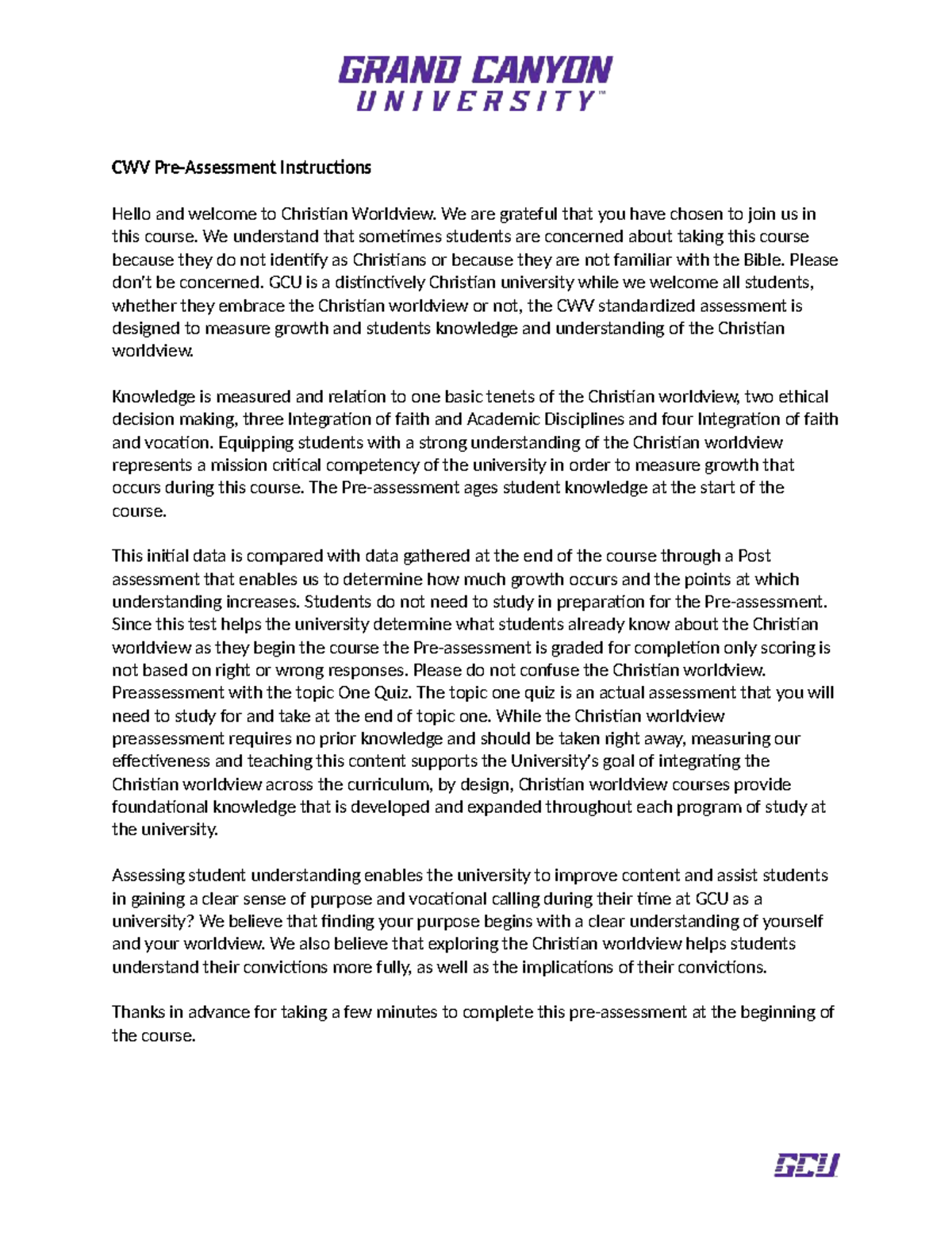 CWV 2025 Pre-Assessment Instructions for Christian Worldview Course - Studocu