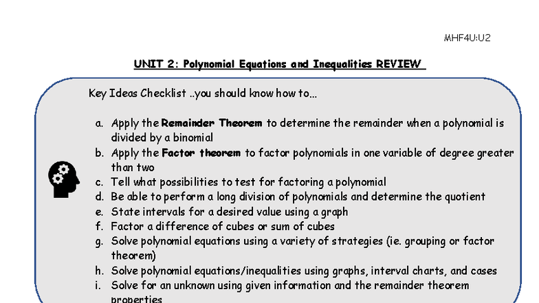 MHF4U: U2 Polynomial Equations & Inequalities Review Checklist - Studocu