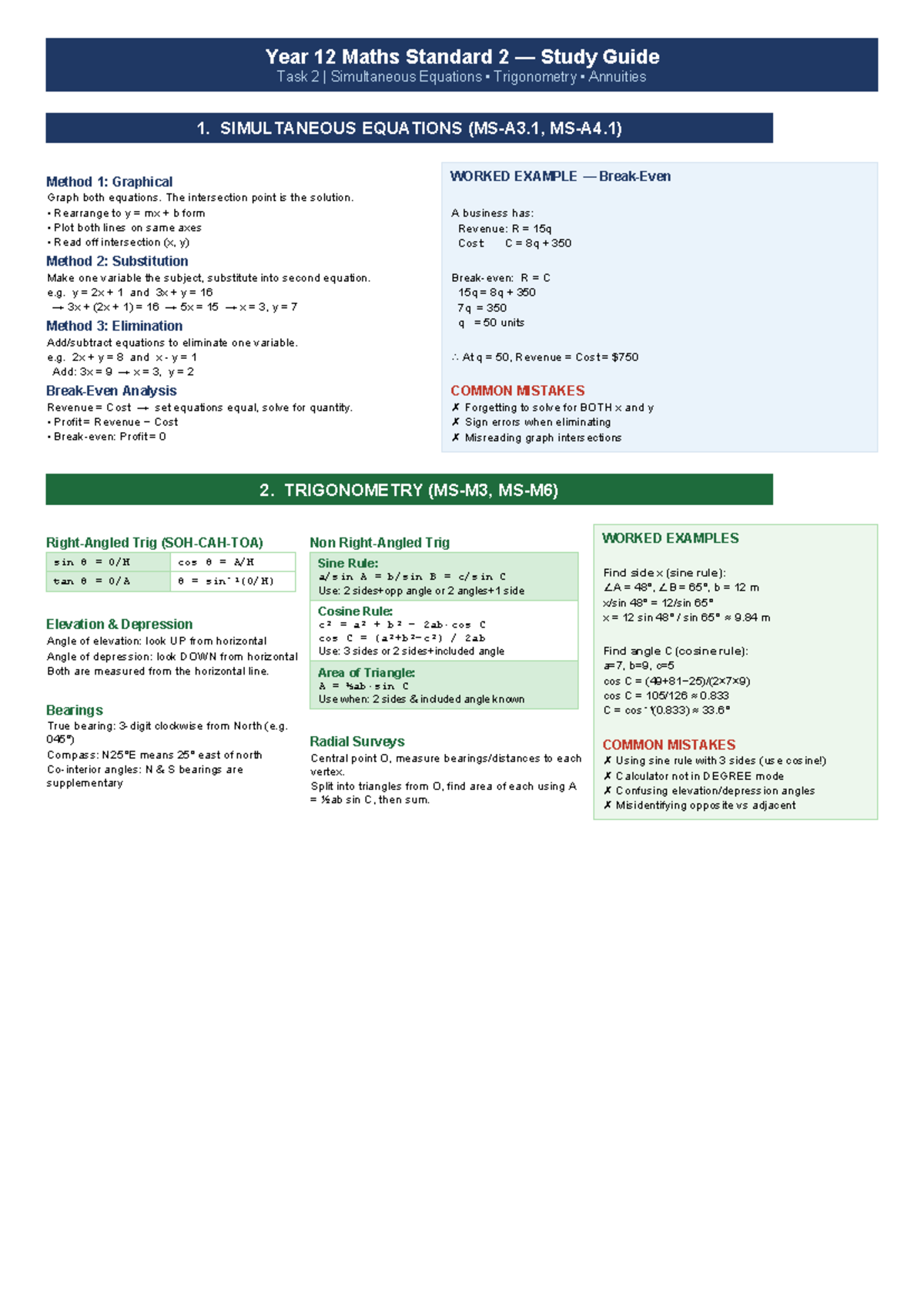 Year 12 Maths Standard 2 Study Guide: Simultaneous Equations & Trig ...