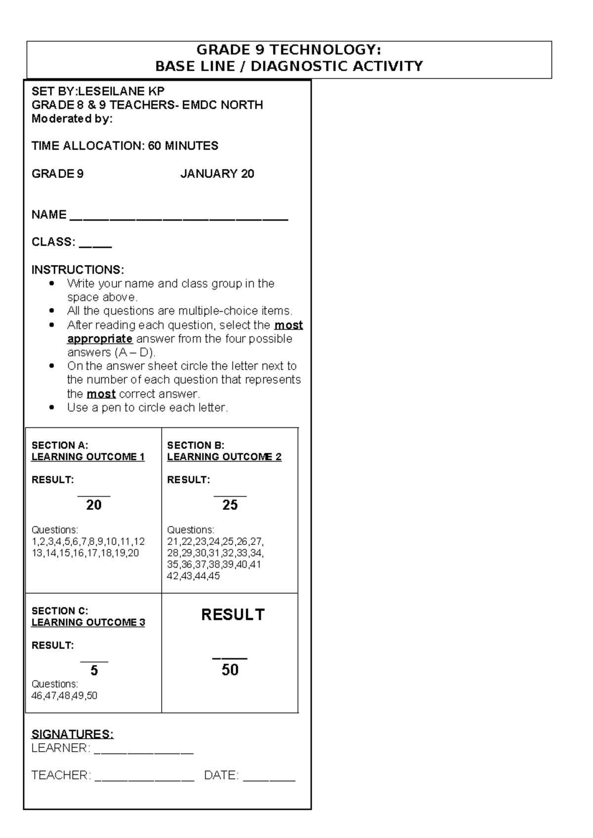 GRADE 9 TECHNOLOGY: BASELINE DIAGNOSTIC ACTIVITY SET - Studocu
