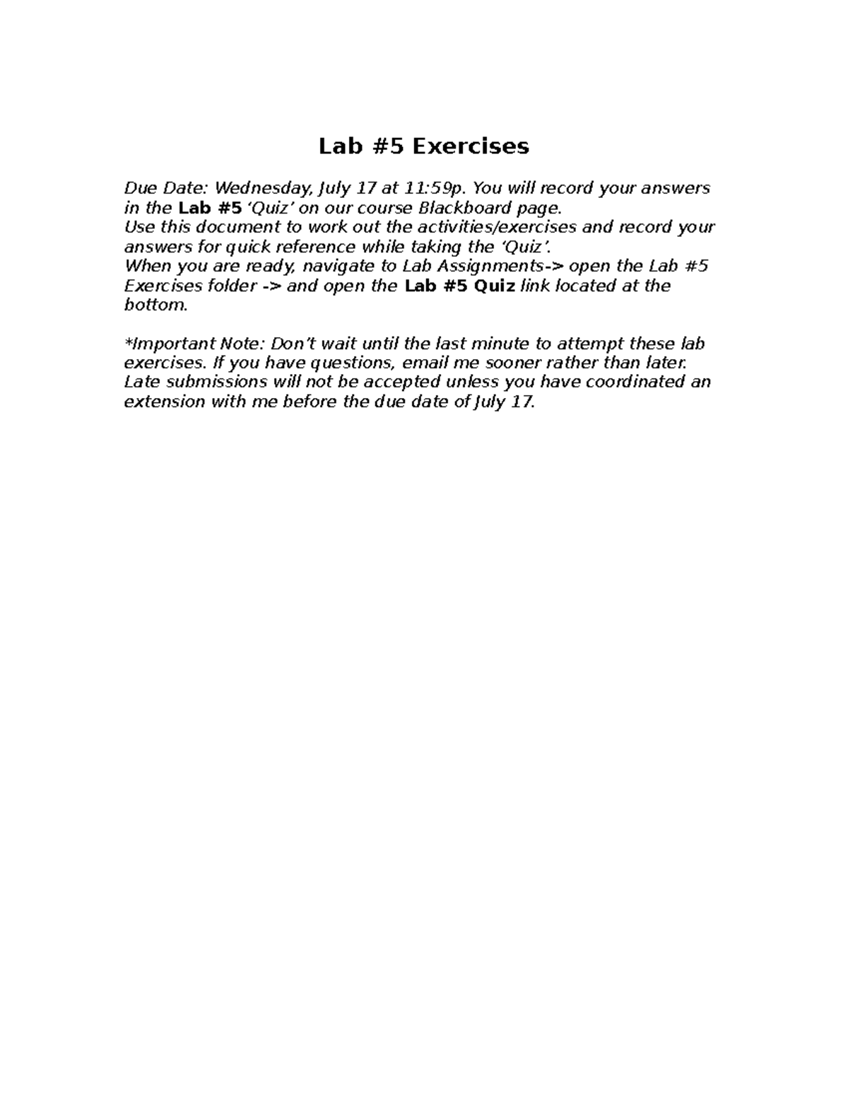 Lab 5 - Quick Reference Answers for Lab Quiz Exercise - Studocu
