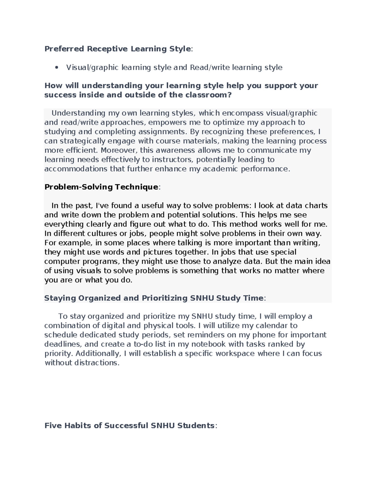 Understanding Visual & Read/Write Learning Styles in SNHU Success - Studocu