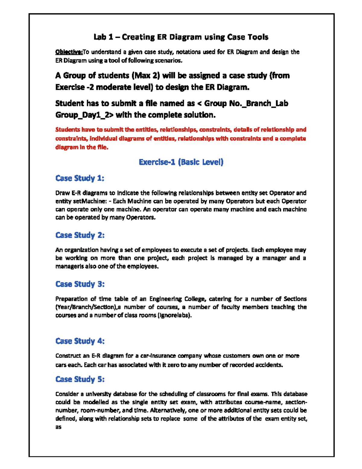 Lab 1 ER Diagram Creation Using Case Tools and Scenarios - Studocu