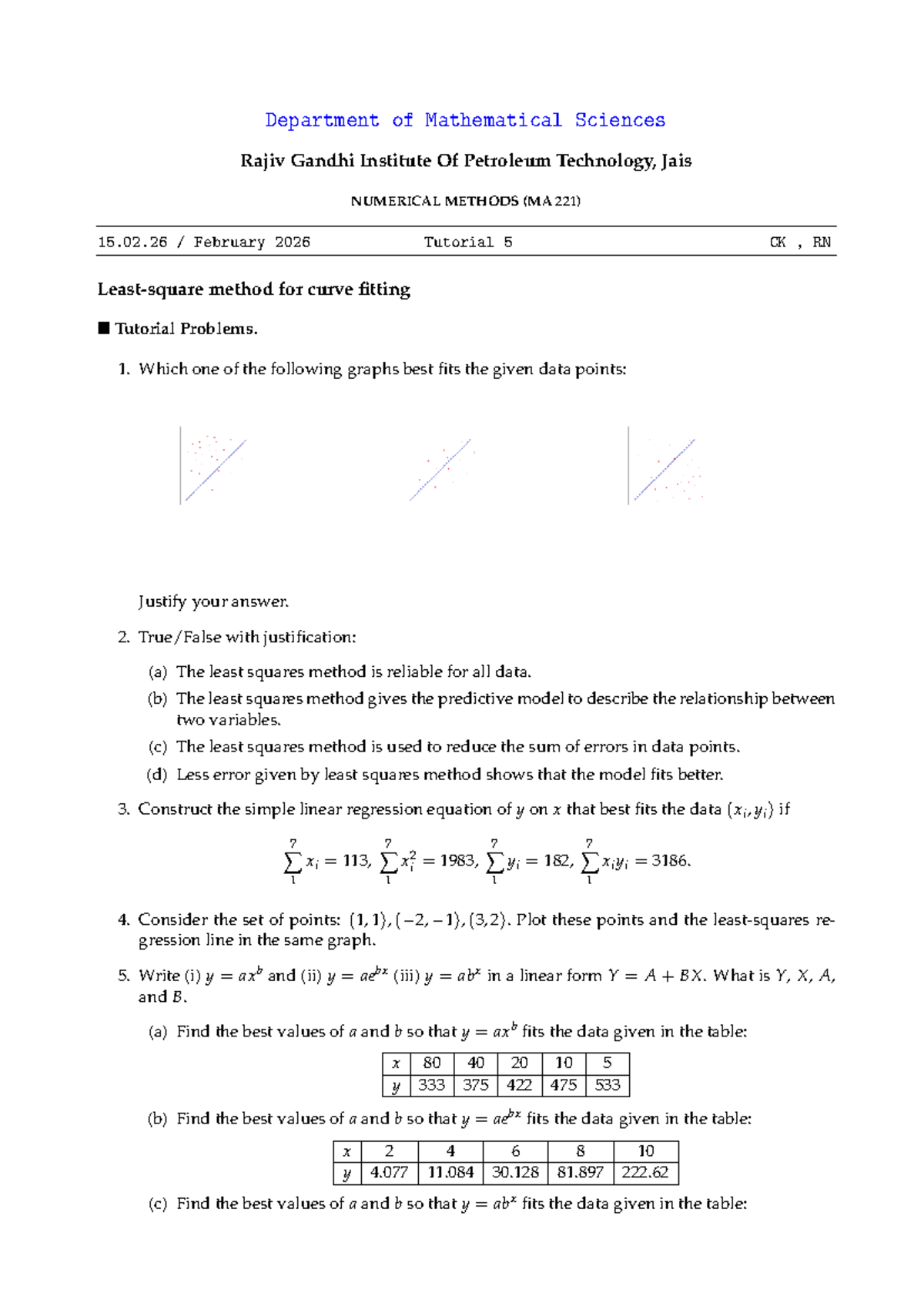 Numerical Methods Tutorial 5: Curve Fitting & Regression (MA 221) - Studocu