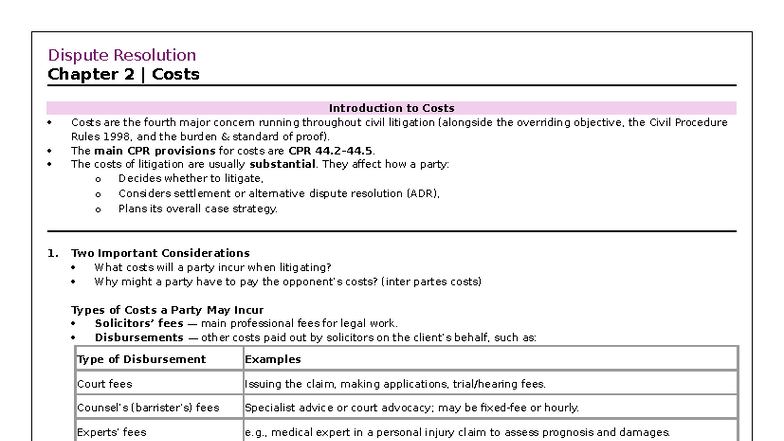Dispute Resolution (CPR) Chapter 2: Understanding Costs in Litigation ...