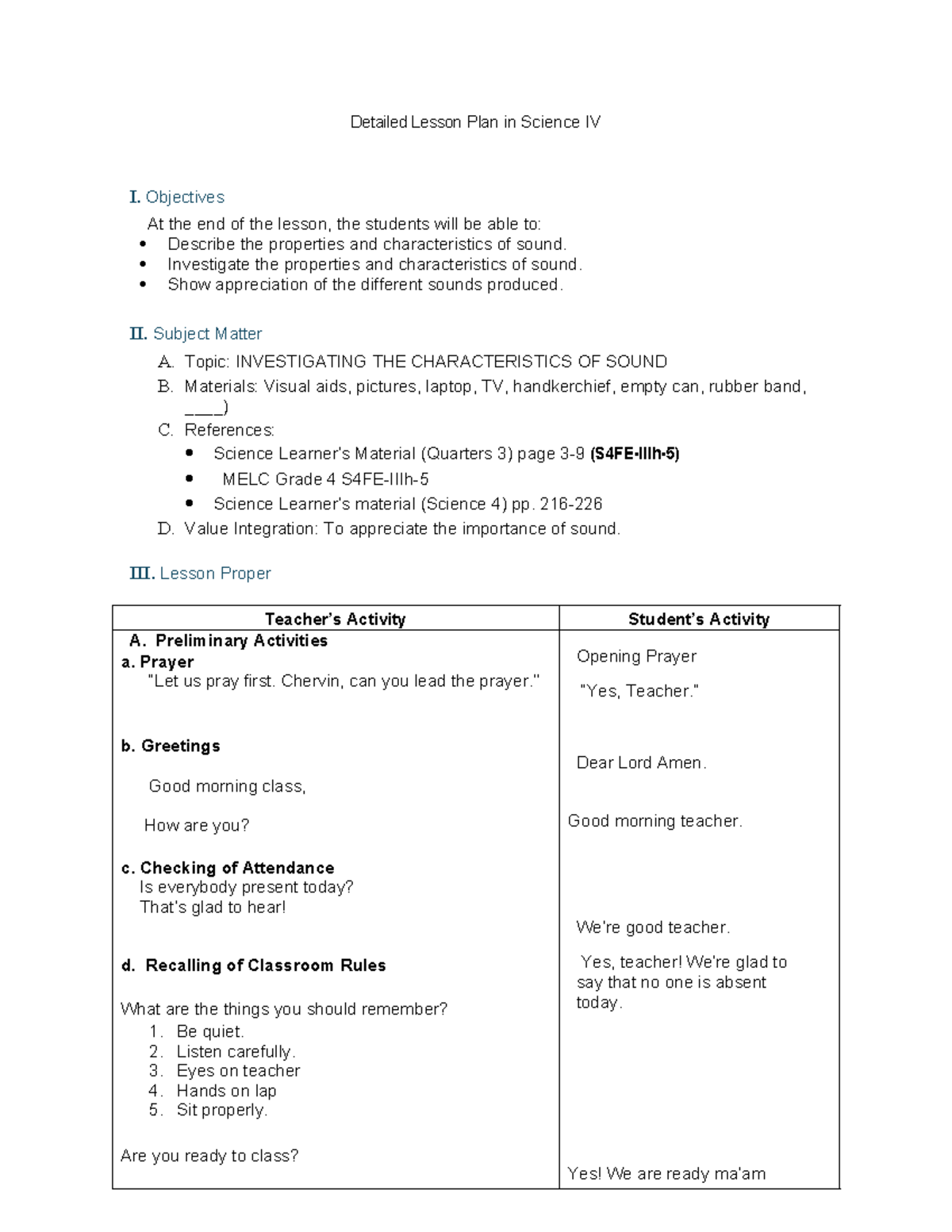 Detailed Lesson Plan: Investigating Properties of Sound (Science IV ...