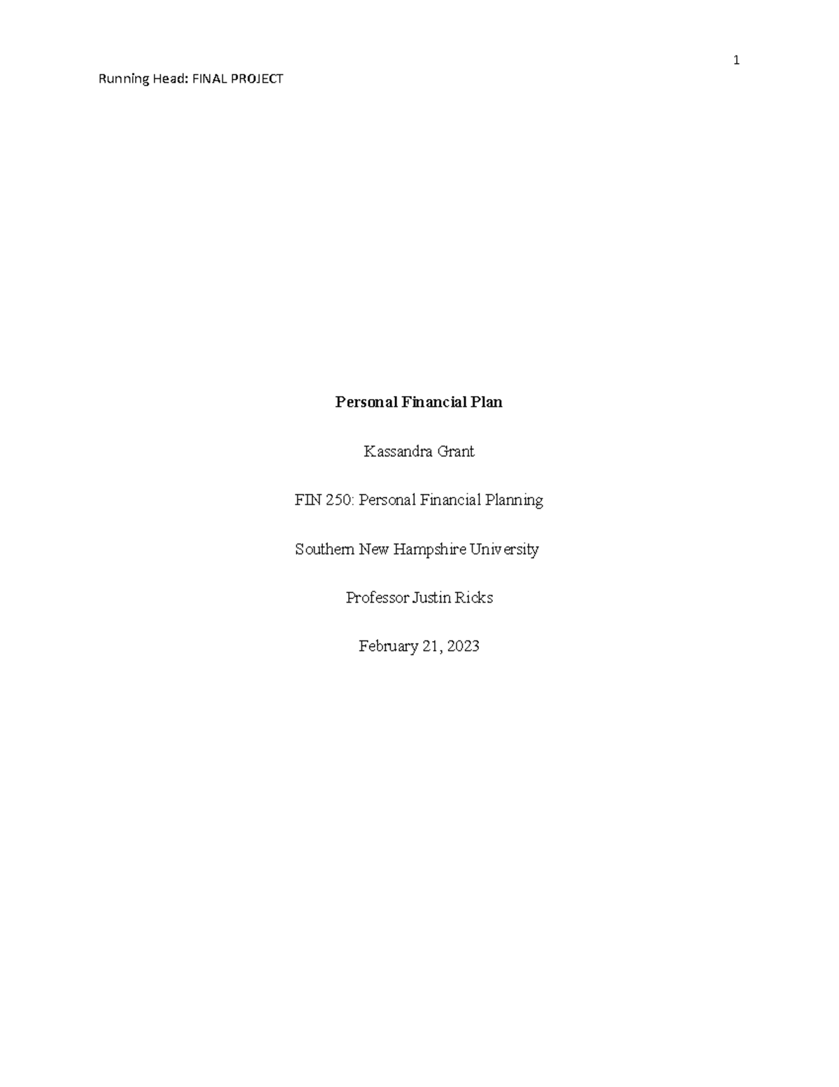 FIN 250 Final Project: Comprehensive Personal Financial Plan - Studocu