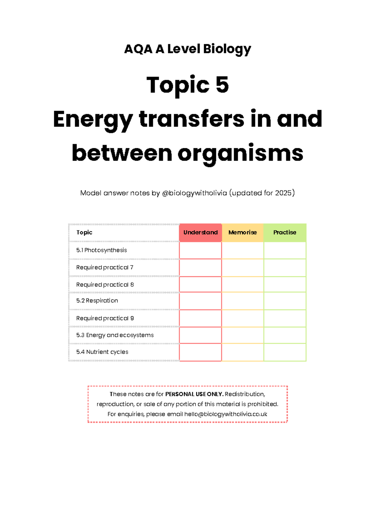 AQA A Level Biology Topic 5: Energy Transfers in Organisms (2025 Update ...