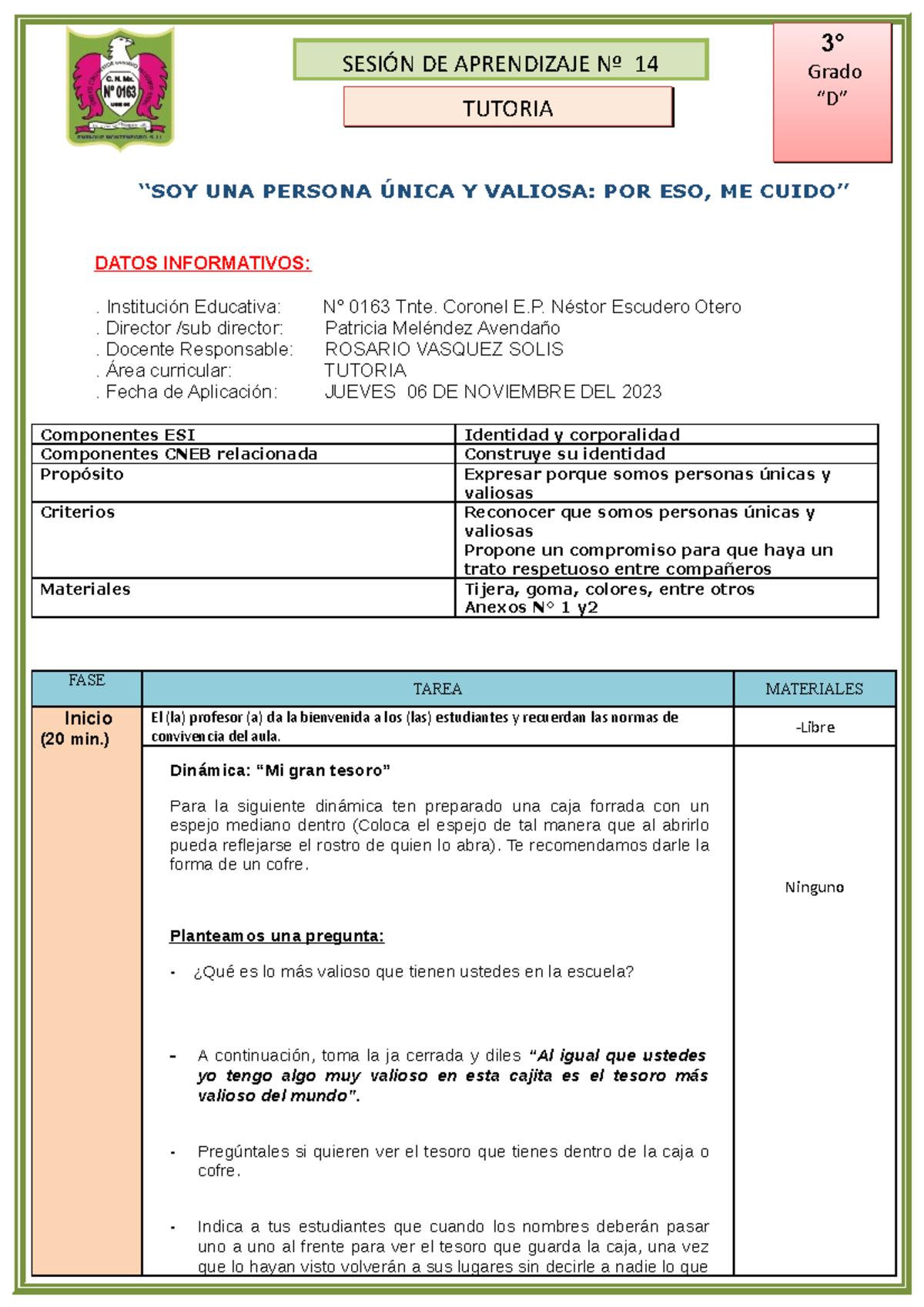 Sesión de Tutoría N° 14: Valorando Nuestra Única Identidad - Studocu