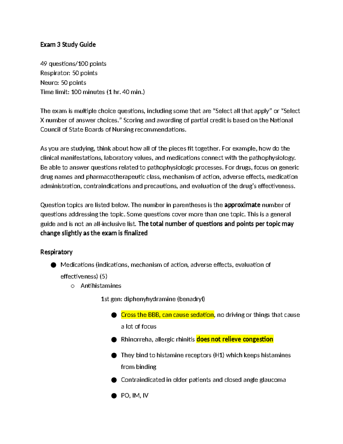 Exam 3 Study Guide: Respiratory & Neuro Topics - Spring 2025 - Studocu