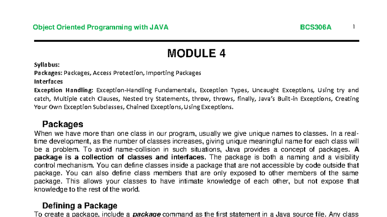 Java Bcs306a Module 4 Packages And Exception Handling Notes Studocu