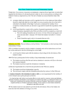 Testate Succession notes - TESTATE SUCCESSION The testate law of ...