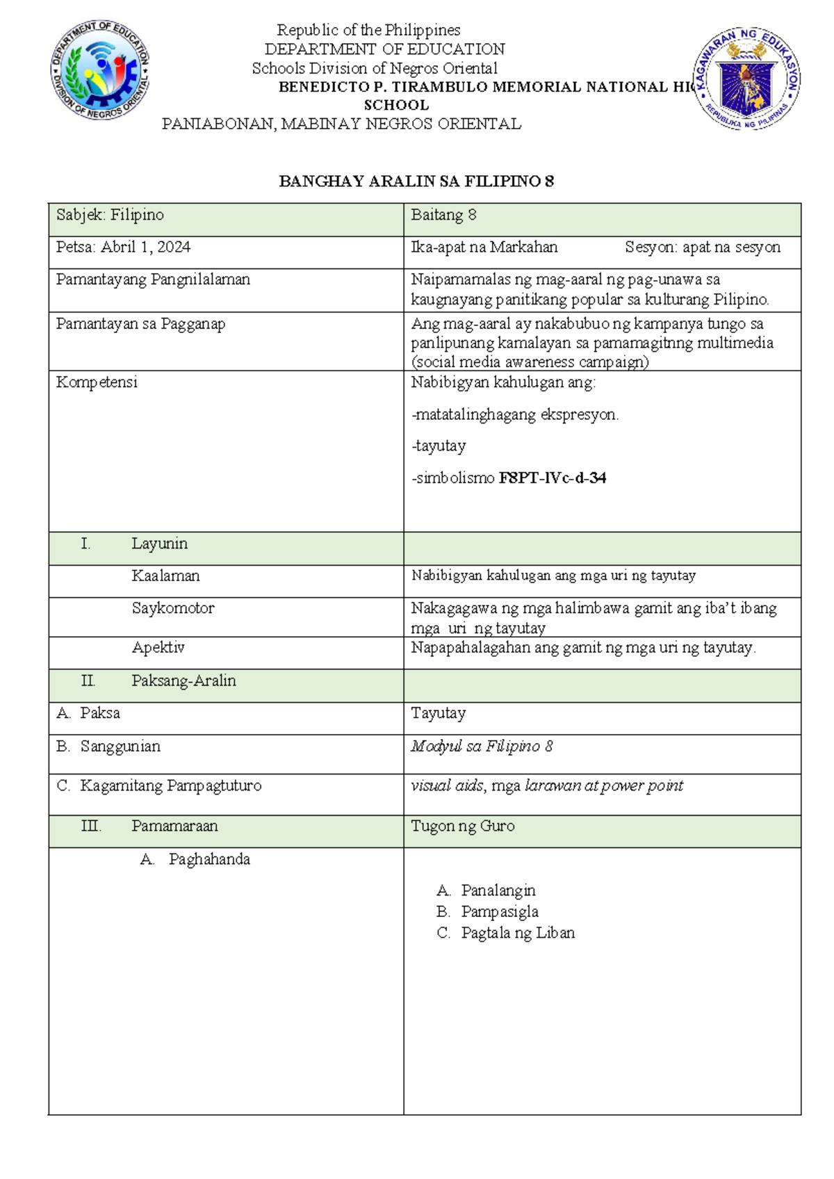 Tayutay: Lesson Plan for Grade 8 - Filipino 8 LP - Studocu
