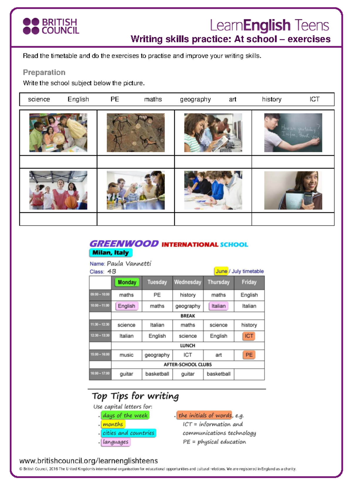 Writing Skills Practice: At School Exercises for Improvement - Studocu