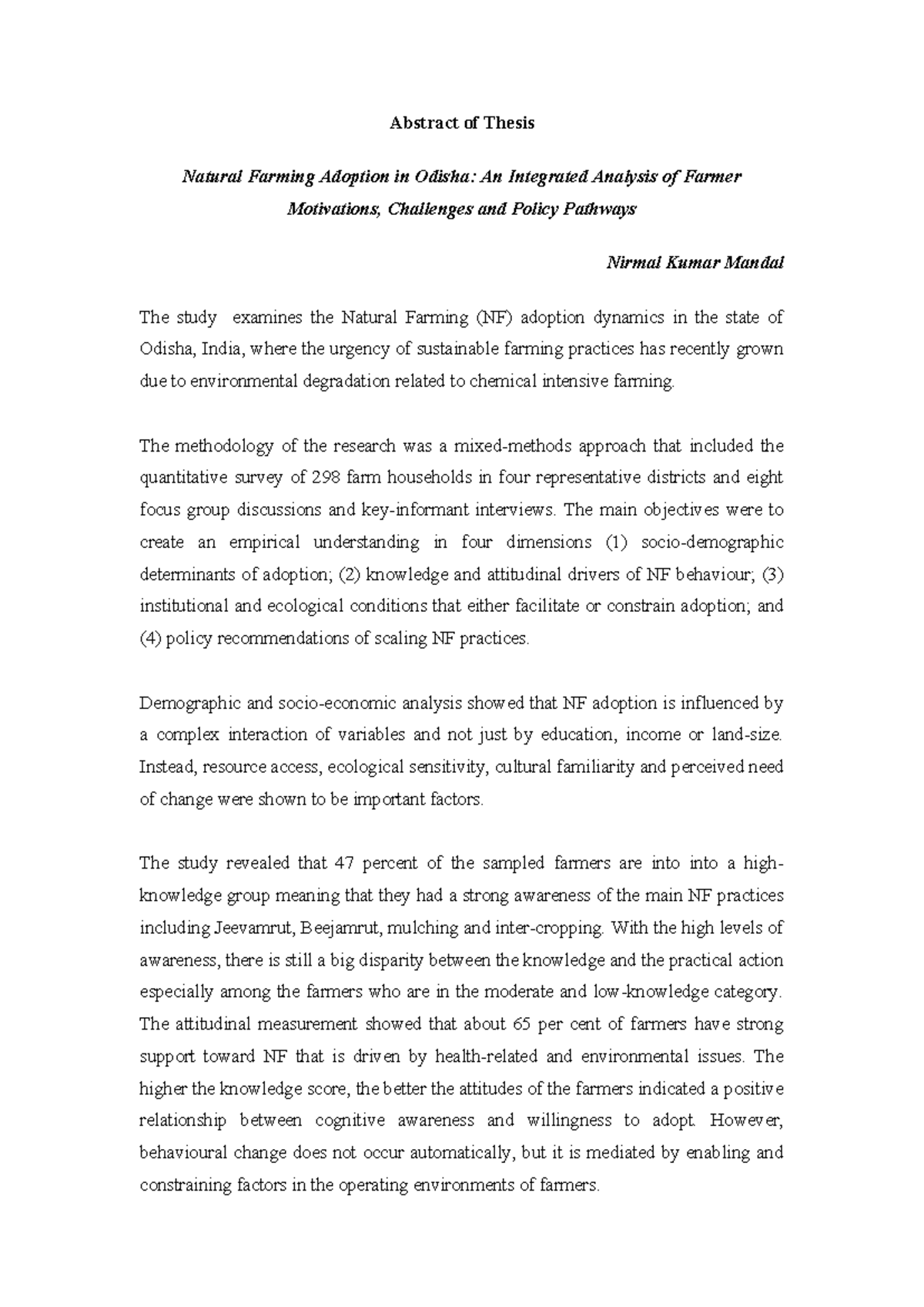 Abstract of Thesis: Natural Farming Adoption in Odisha - Motivations ...