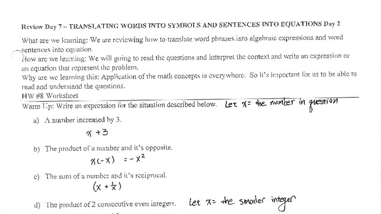 Review Day 7: Translating Words to Expressions & Equations - Studocu