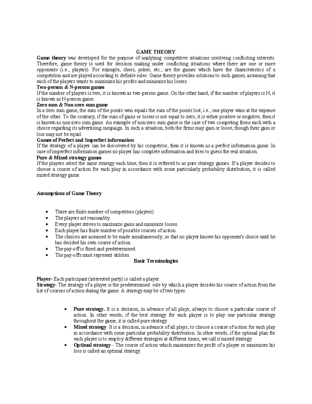 GAME Theory Lecture Notes: Strategies, Definitions & Examples - Studocu