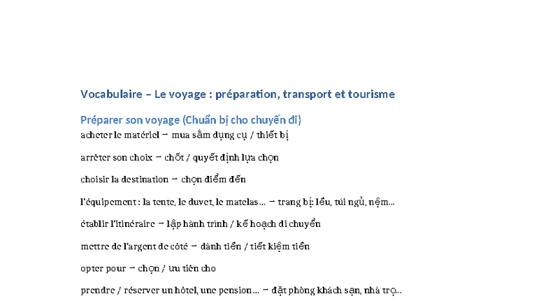 Vocabulaire du Voyage : Transport et Tourisme (Préparation) - Studocu