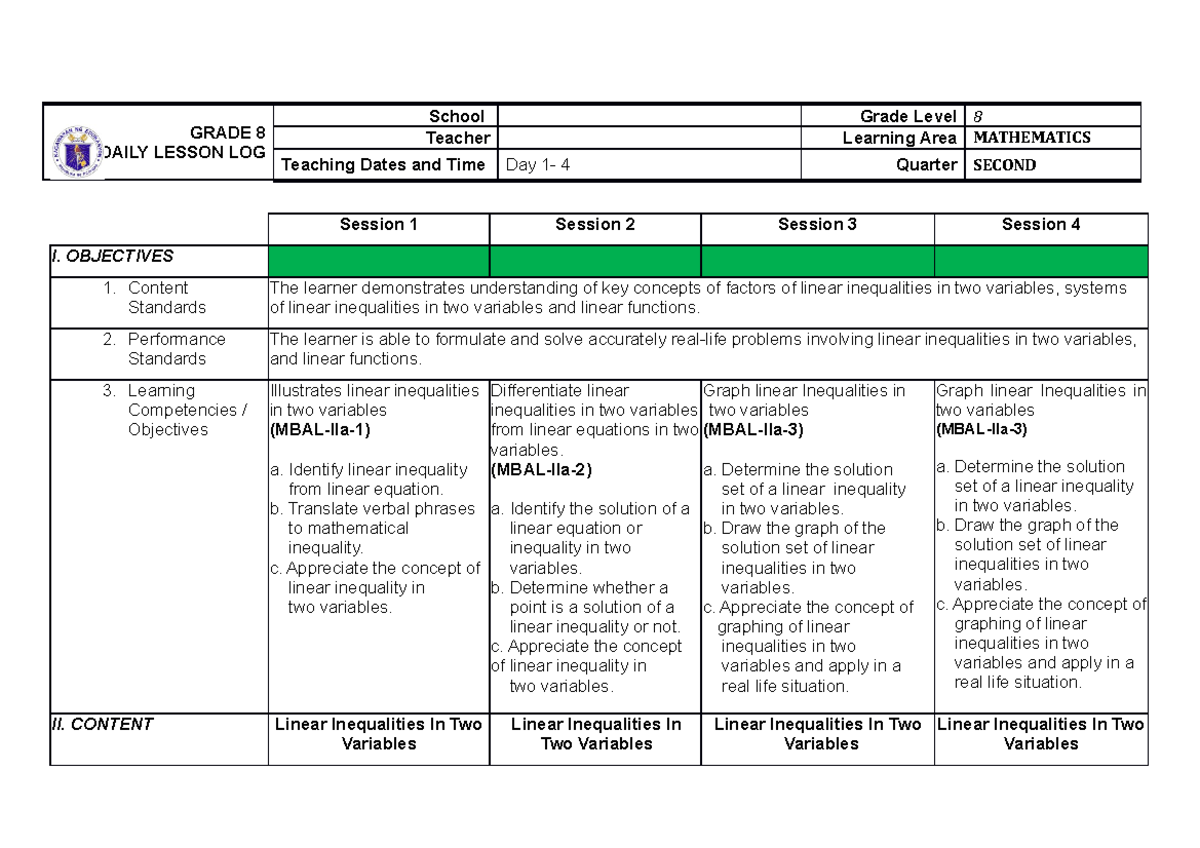 G8DLL Q2W1 LC22-23 - Mathematics Daily Lesson Log on Linear ...