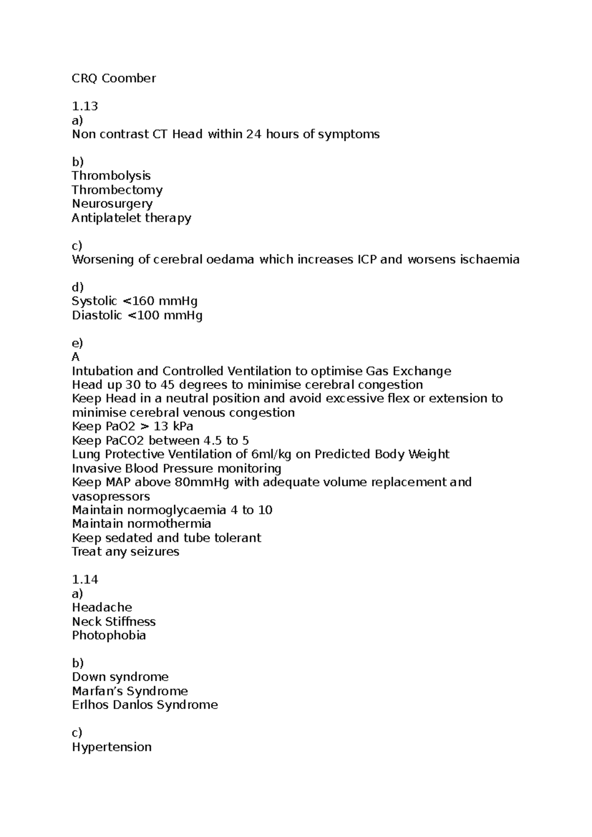 CRQ Neurosurgery Notes: CT, Thrombolysis, and ICP Management - Studocu