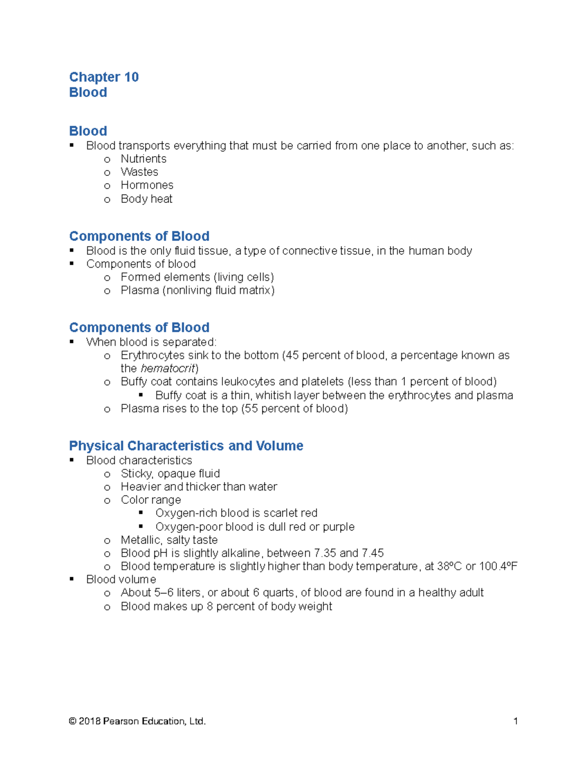 Ch 10 handout - Lecture notes - Chapter 10 Blood Blood Blood transports ...