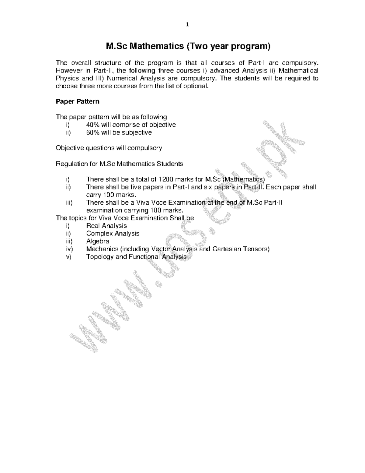 Syllabus MSc Mathematics UoS Private - 1 M Mathematics (Two year ...