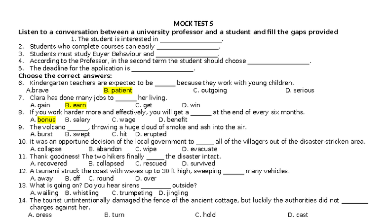 Mock Test 5: FCE Listening & Language Skills Practice - Studocu