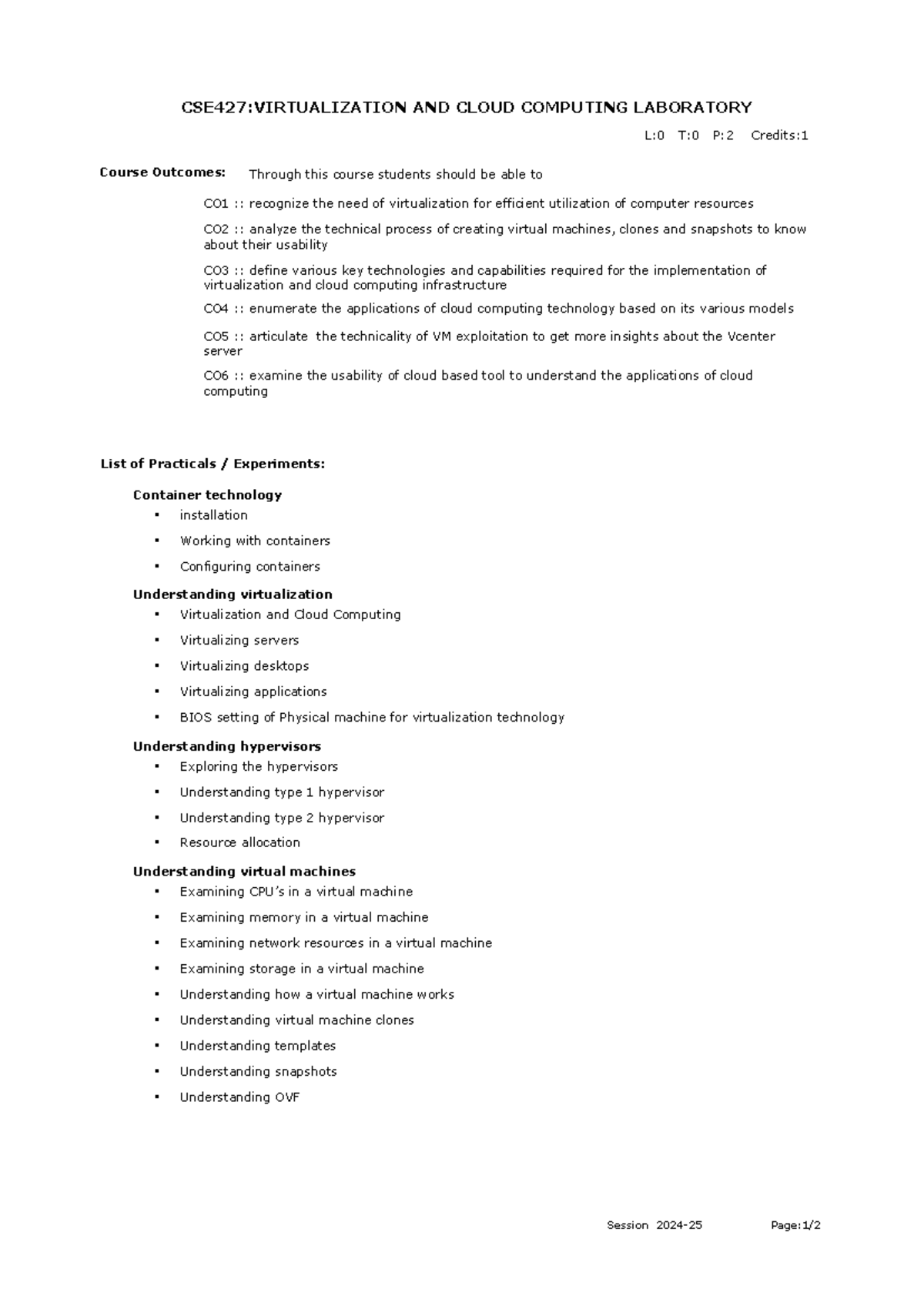 VCC-Lab Syllabus - CSE427:VIRTUALIZATION AND CLOUD COMPUTING LABORATORY ...